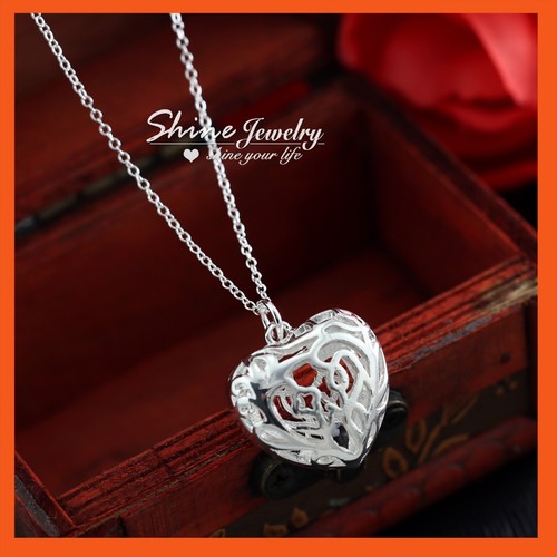 925 Sterling Silver Plated Filigree Heart Pendant Chain Love Necklace ...