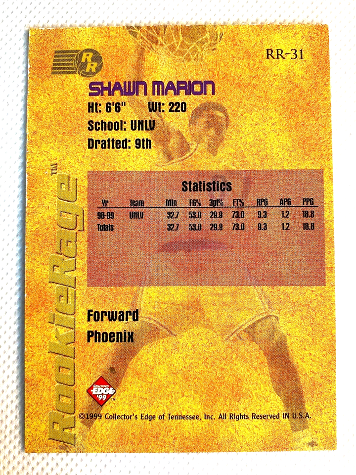 shawn marion 1999 Collectors Edge Rookie Rage Autograph RC Auto SIGNED ...