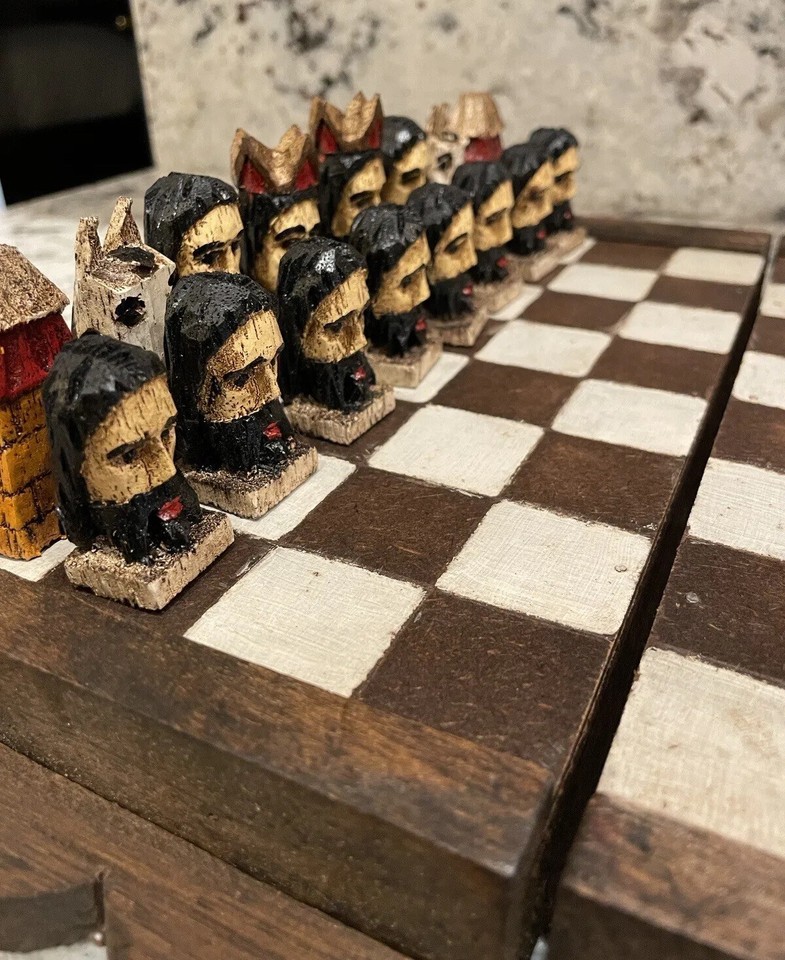 Vintage Hand Carved And Hand Painted Colonial Style Chess Set Folk Art ...