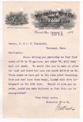 1897 RARE WORCESTER WIRE CO LETTERHEAD BARB WIRE WORCESTER MA FESSENDEN ...