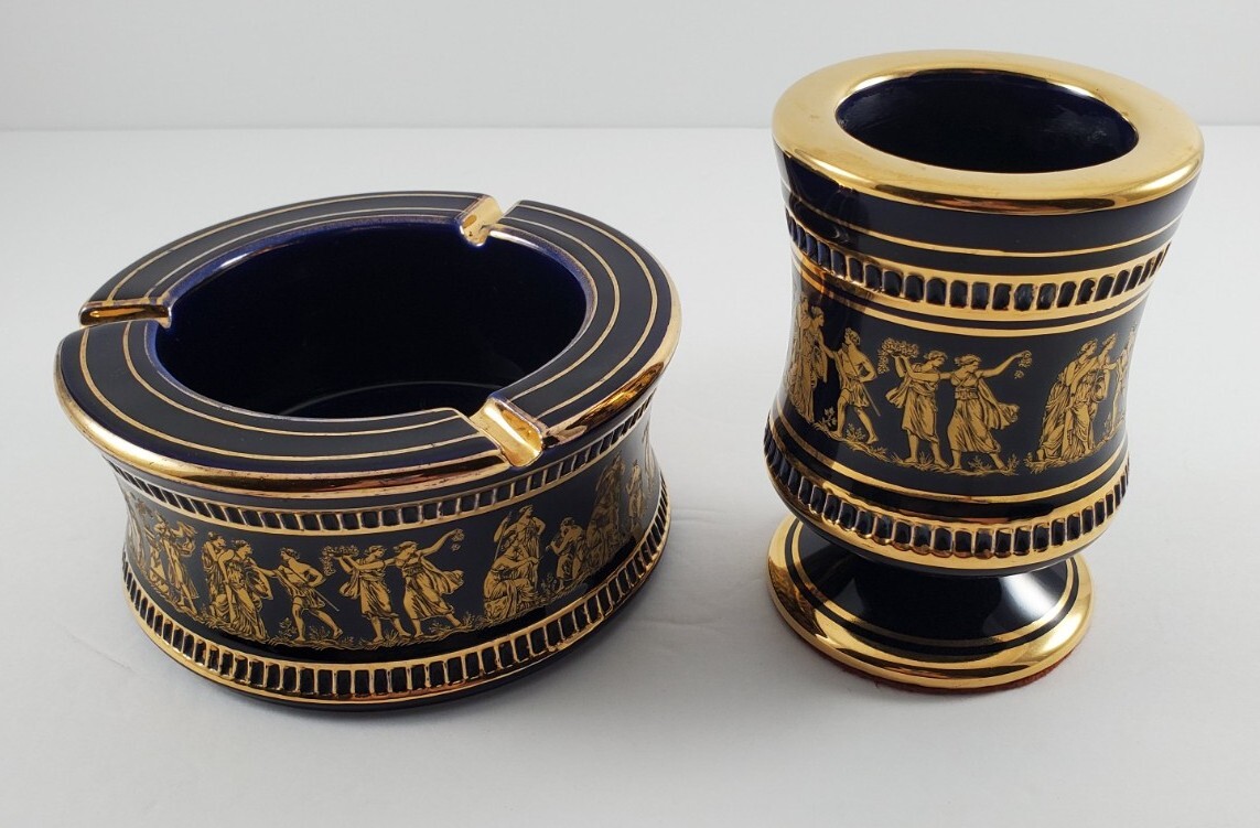 Spyropoulos handmade Greece Cobalt blue with 24K Gold Trim Ashtray and ...