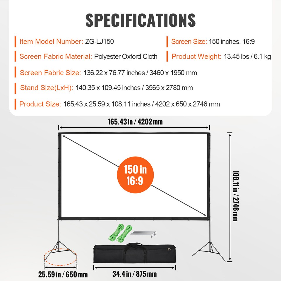 VEVOR Projector Screen with Stand 150 inch 16:9 4K 1080 HD Movie Screen ...