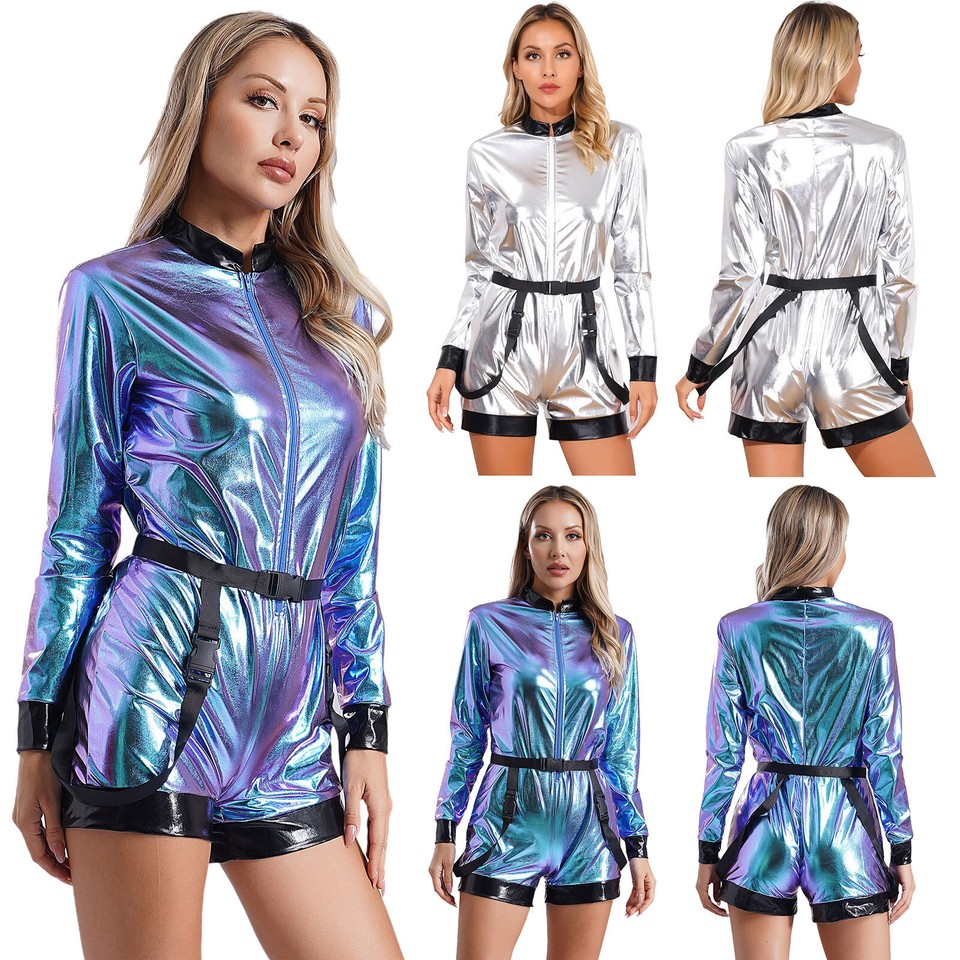 Women Jumpsuit Dress-Up Bodysuit Long Sleeve Astronaut Costume Metallic ...