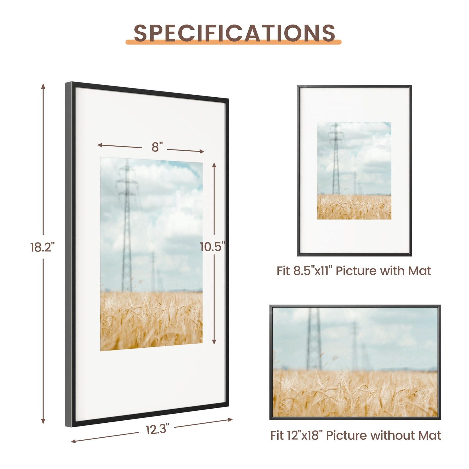 12x18 Black Frame, 12 x 18 Metal Picture Frame with Mat for 8.5x11 ...