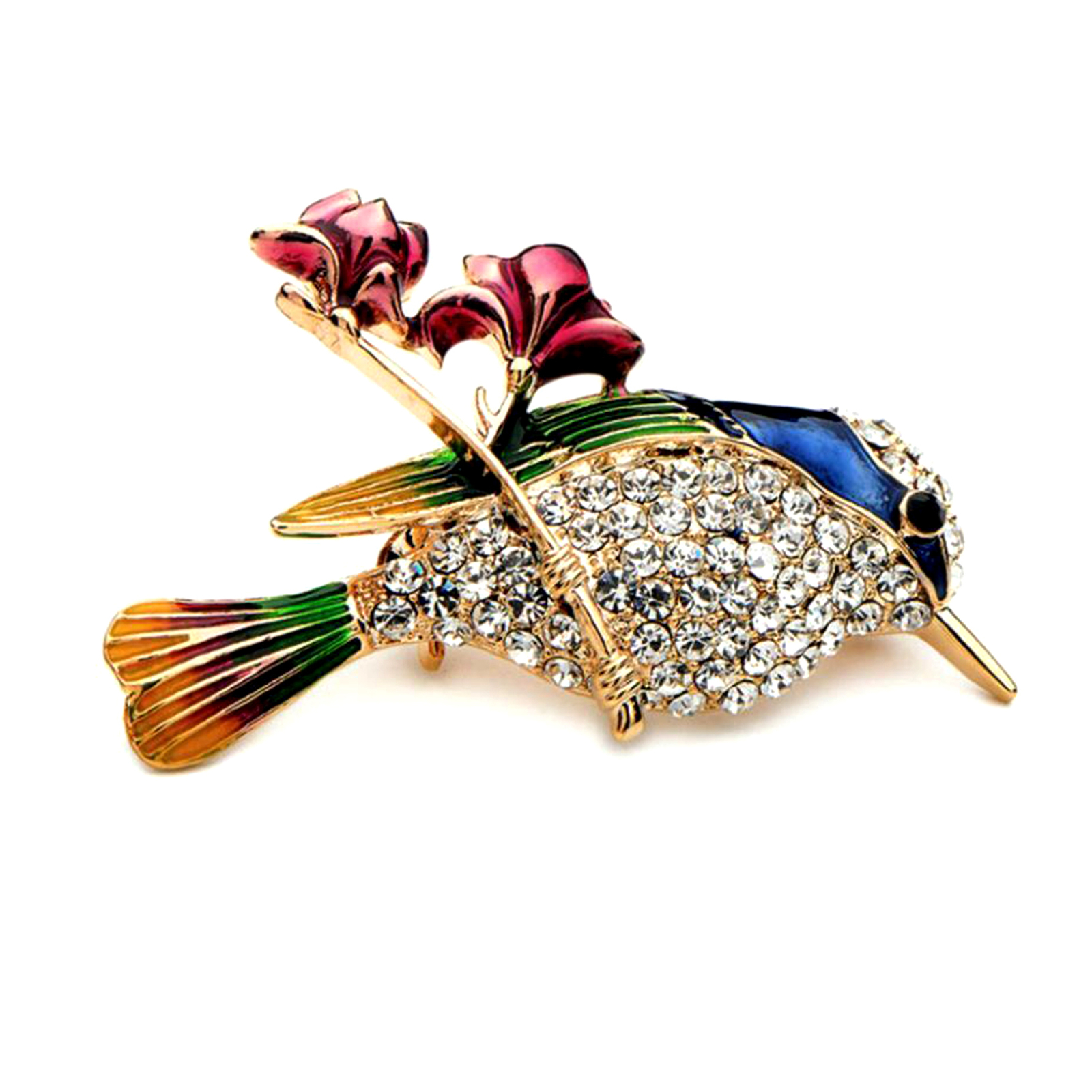 CUTE HUMMINGBIRD PIN 1.75" Gold Blue Green Enamel Brooch Rhinestone ...