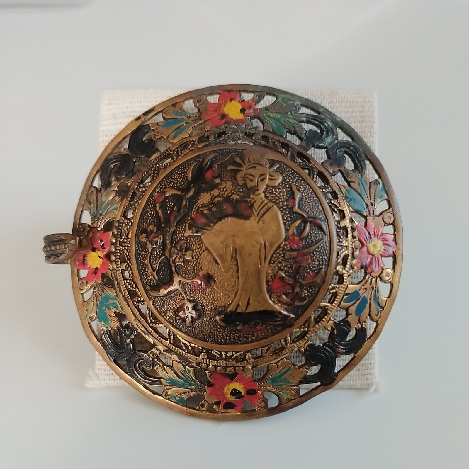 Vintage Asian Enamel Belt Buckle Woman Flowers - Gem