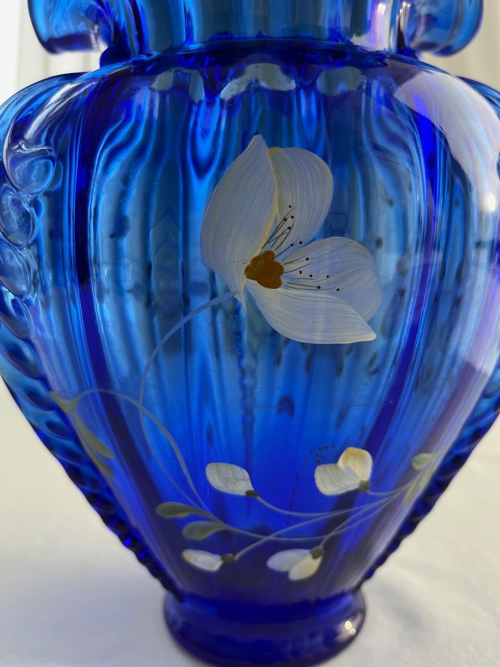 FENTON Art Glass Cobalt Blue HAND PAINTED FEATHERVASE Signed Shelly ...