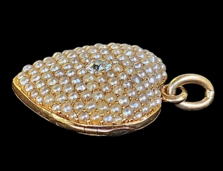 Antique 14k Yellow Gold Diamond Pave Seed Pearl Heart Locket Pendant 10 ...