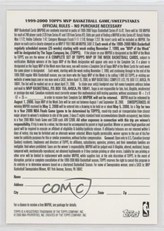 1999-00 Topps Redemption Contest MVP Promotion /100 Anthony Peeler | eBay