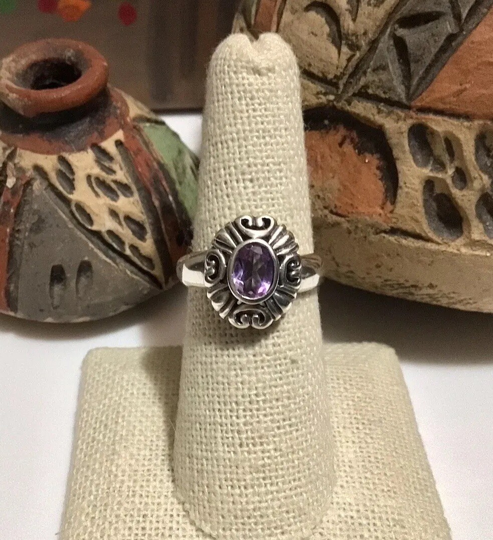 VTG SE 925 Sterling Silver Natural Oval Amethyst Puffy Scrolled Ring Sz ...
