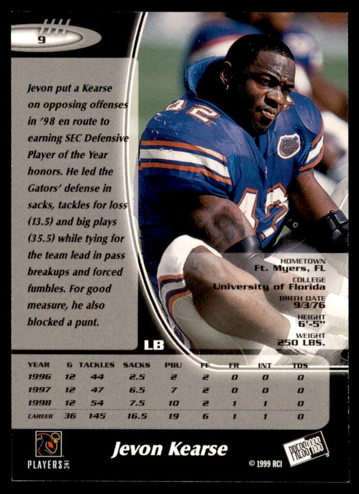 1999 Press Pass Jevon Kearse Rookie Florida Gators #9 | eBay