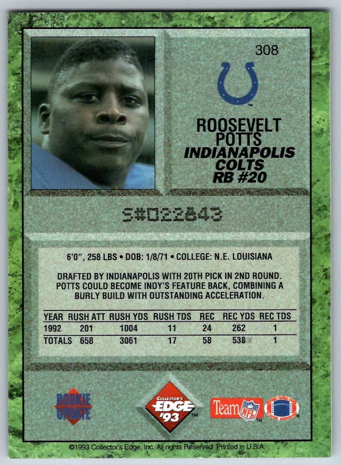 1993 COLLECTOR'S EDGE ROOSEVELT POTTS RC /100000 INDIANAPOLIS COLTS ...