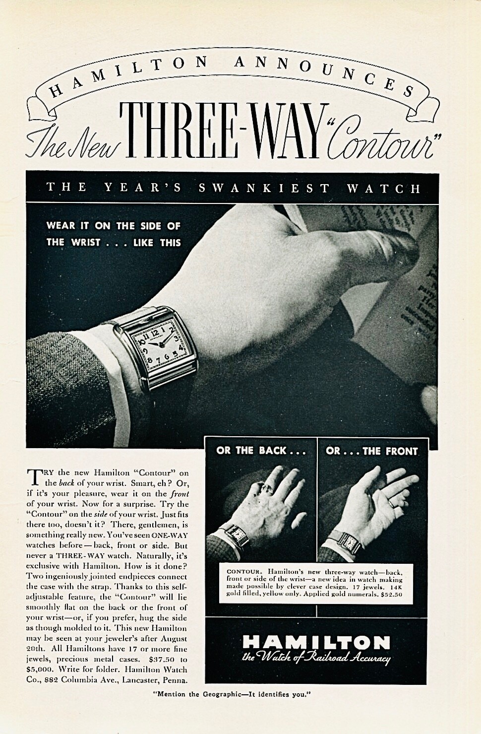 1938 ~ Hamilton Watches ~ The New Three Way Contour ~ VINTAGE PRINT AD ...