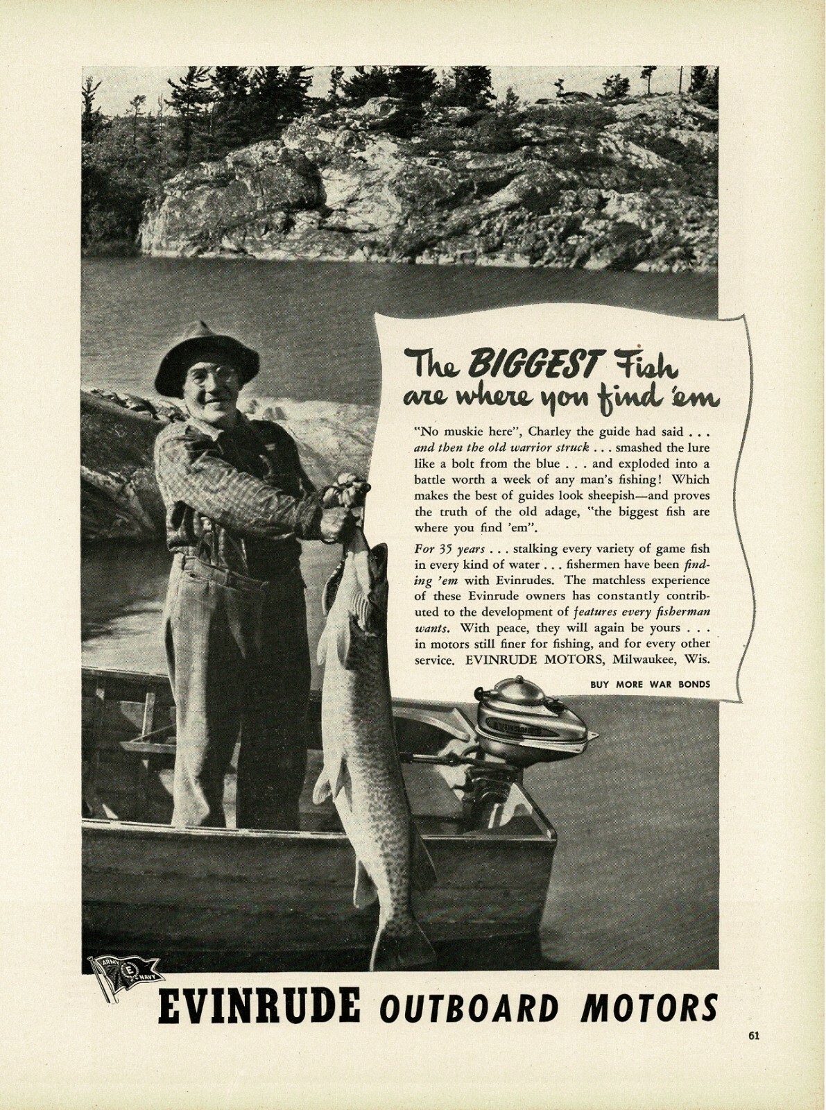 1945 EVINRUDE Outboard Boat Motor fishing for muskellunge Vintage Print ...