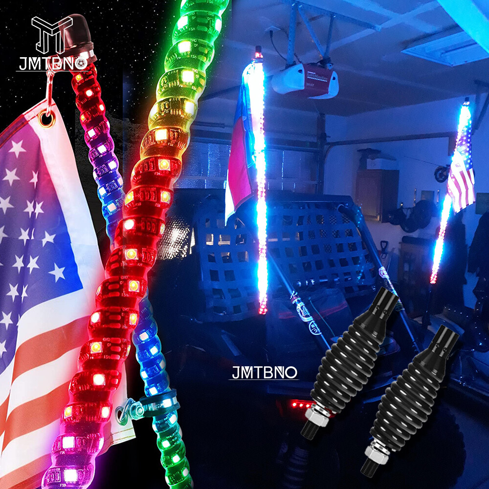 Pair 3FT Lighted Spiral LED Whip Antenna w/Flag & Remote+Springs For ...