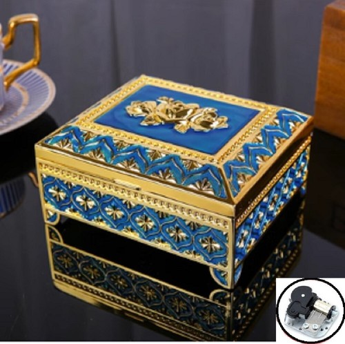 BLUE METAL TIN ALLOY SQUARE JEWELRY MUSIC BOX ( 100 SONGS AVAILABLE ...