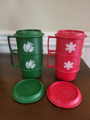 Vintage TUPPERWARE Christmas Holiday Set of 4 Coffee Mugs and Coasters ...