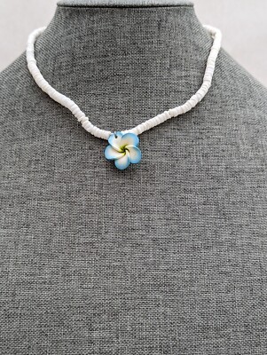 Machined Round Shell Puka Necklace 16" with Blue and White Pansy ...