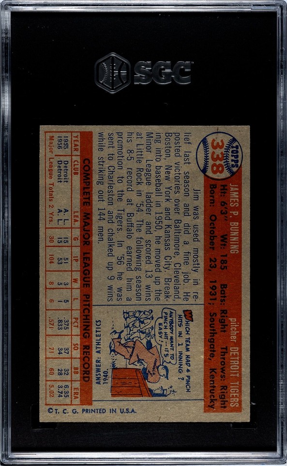 1957 Topps #338 Jim Bunning Rookie SGC 6.5 Detroit Tigers HOF RC ...