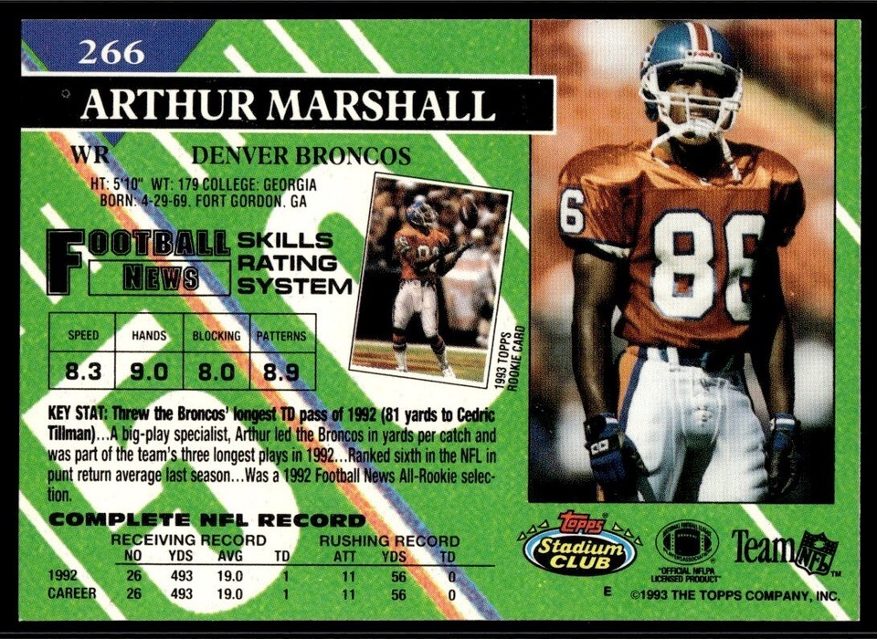 1993 Stadium Club Football Card Arthur Marshall RC Denver Broncos #266 ...