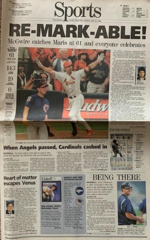 St. Louis Cardinals Mark McGwire 61 Homerun VTG Newspaper (September 8 ...