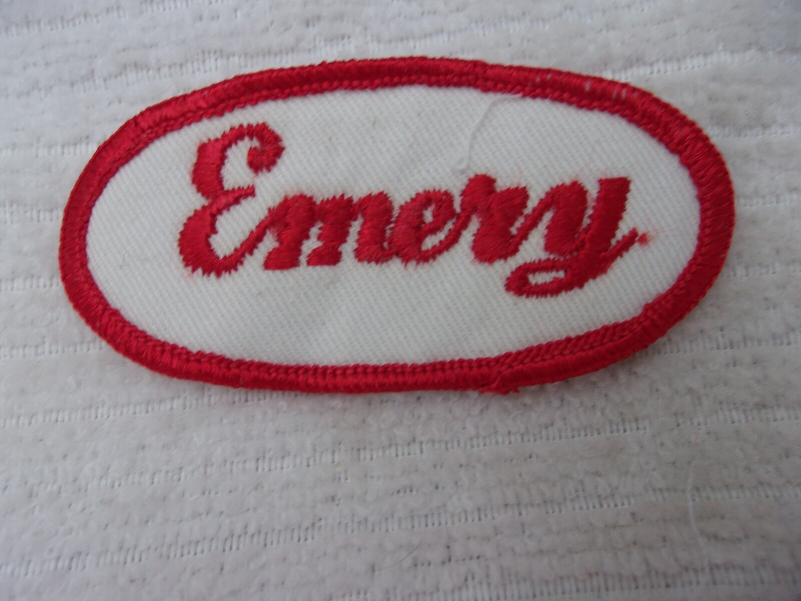 EMERY USED EMBROIDERED VINTAGE SEW ON NAME PATCH TAGS OVAL RED ON WHITE ...