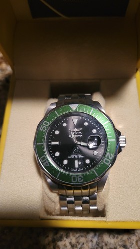 Invicta Men's Grand Diver Swiss Black Dial Steel Watch Green Dive Bezel ...