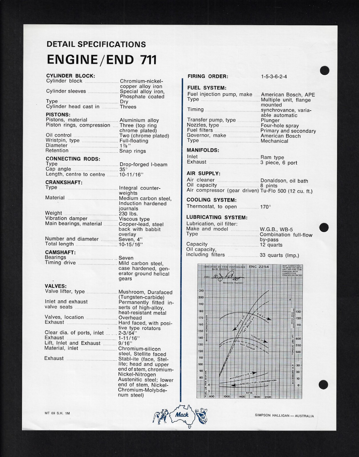 MACK TRUCKS END 711 DIESEL ENGINE 2 PAGE SPECIFICATIONS BROCHURE 1969 ...