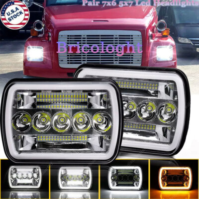 Pair 7X6" 5X7 LED Headlights For Freightliner FL50 FL60 FL70 FL80 MT35 ...