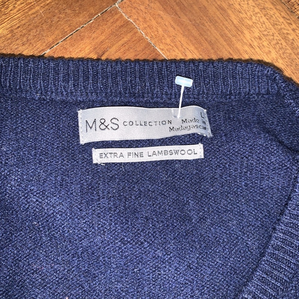 M&S Extra Fine Lambswool Navy Blue Crew Neck Jumper Large Work Golf ...