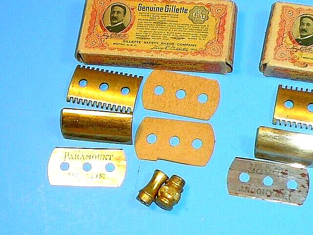 TWO ANTIQUE / VINTAGE GILLETTE BRASS SAFETY RAZOR HEADS IN BOX~WITH BAD ...
