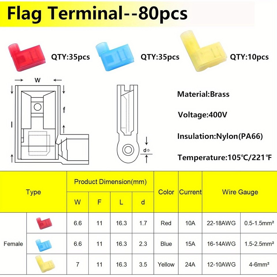 80pcs Right Angle Spade Connectors Flag Terminal Crimper Quick ...
