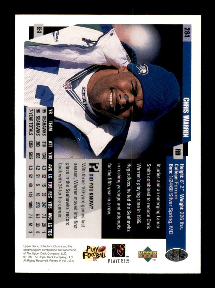 1997 Football Upper Deck Chris Warren Seattle Seahawks #284 1 | eBay