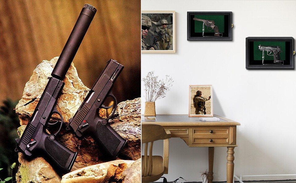 Gun Display Case Green Felt Wood Handgun Pistol Revolver 98% UV Lock ...