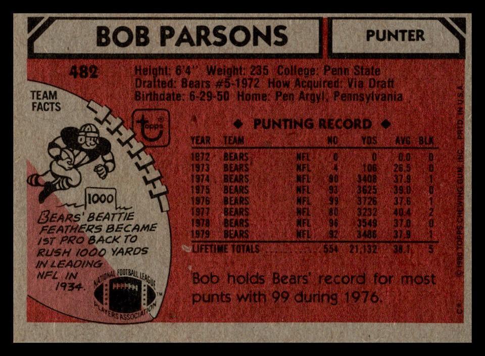1980 Topps Bob Parsons #482 Chicago Bears | eBay