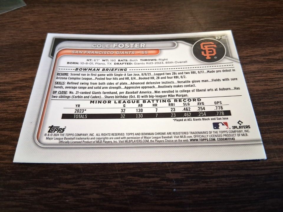 COLE FOSTER 2024 BOWMAN BASEBALL CARD BCP-83 GIANTS (PROSPECT CHROME ...