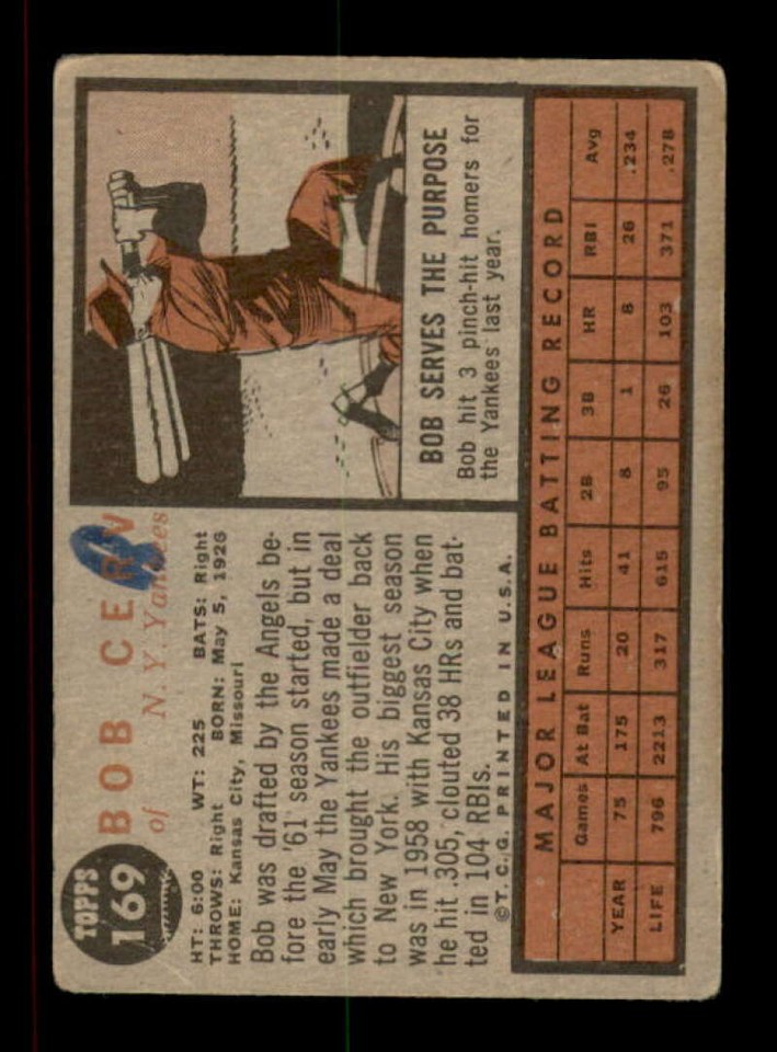 1962 Topps #169 Bob Cerv FAIR Yankees 565520 | eBay