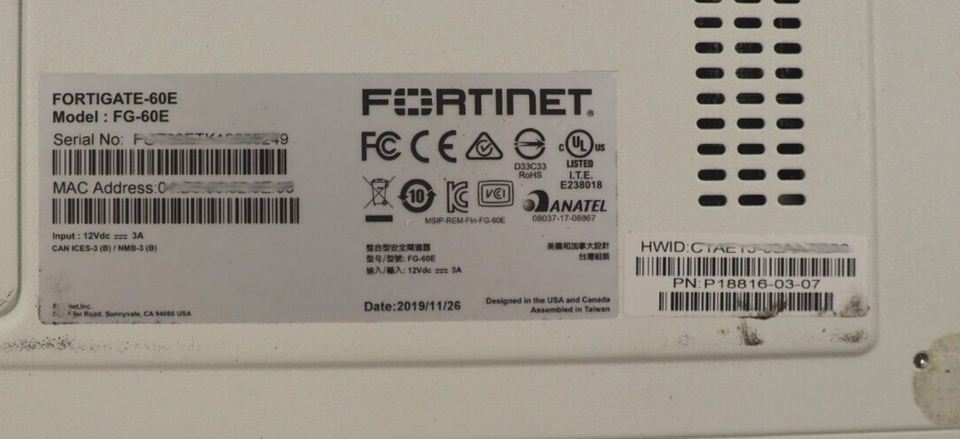 Fortinet FortiGate 60E FG-60E Network Security Appliance P18816-03-07 ...