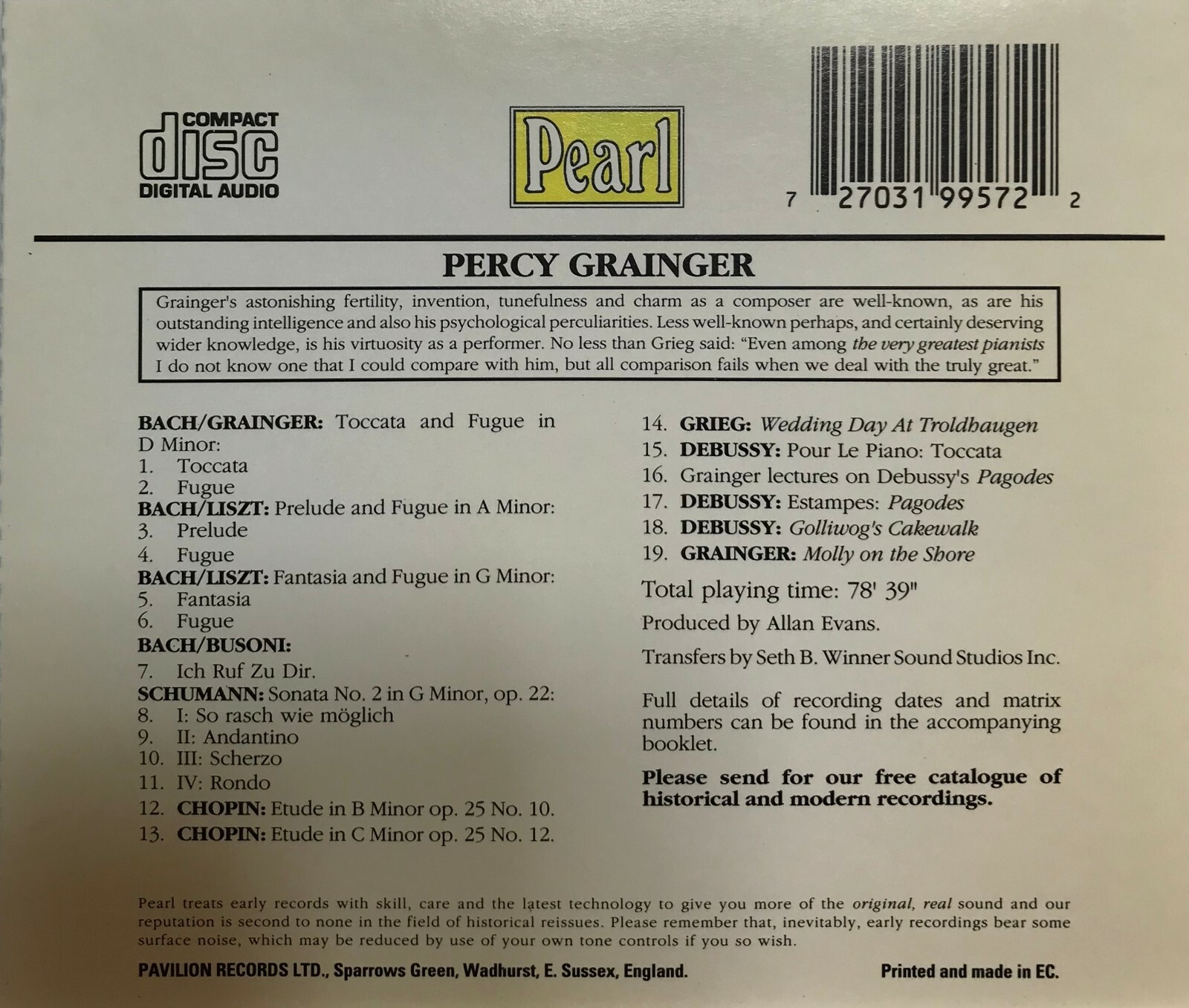 Percy Grainger Plays Bach / Liszt / Busoni / Schumann / Chopin CD 1992 ...