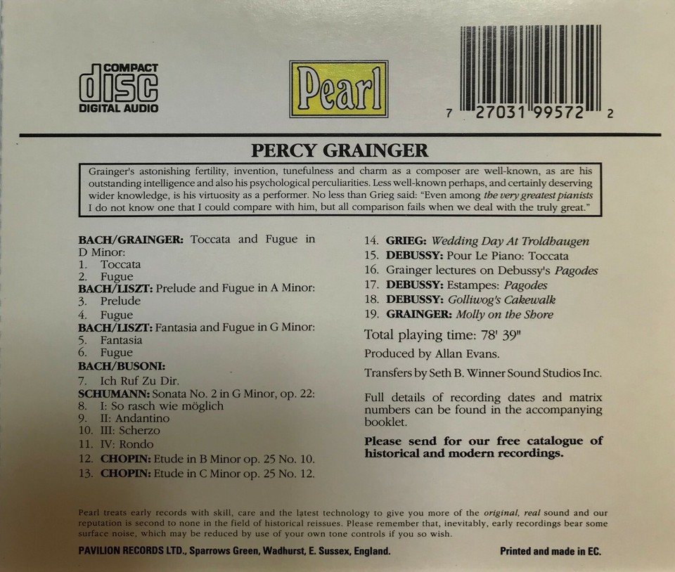 Percy Grainger Plays Bach / Liszt / Busoni / Schumann / Chopin CD 1992 ...