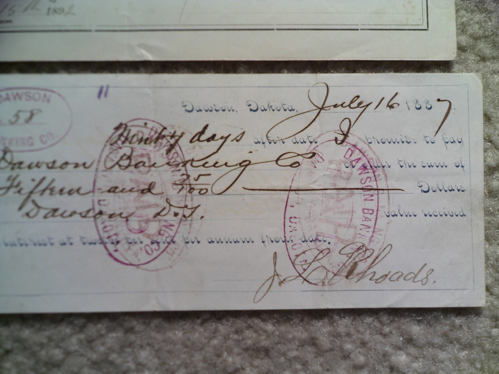 Lot of 6 Vintage 1887-93 Dawson Dakota Bank Cancelled Checks Receipts ...