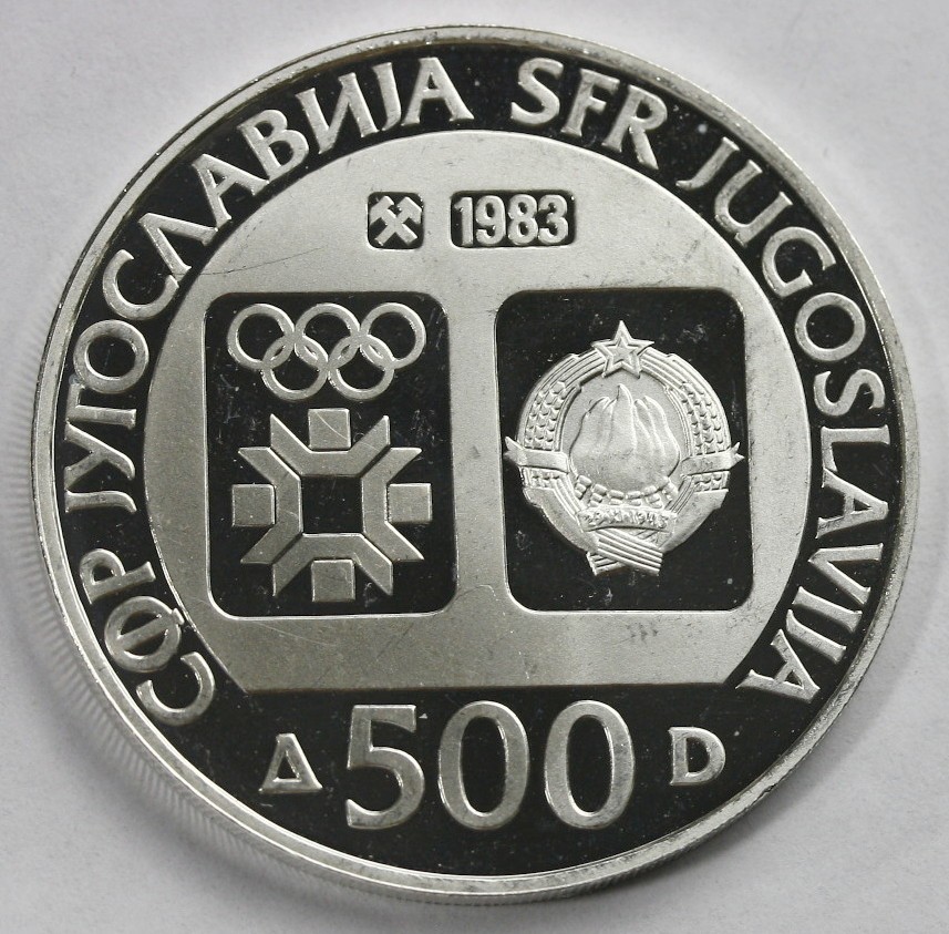 1983 YUGOSLAVIA '84 Olympics SARAJEVO Ski Jumper PROOF Silver 500D Coin ...