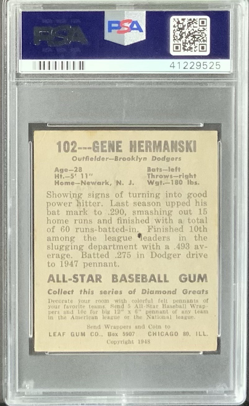 Gene Hermanski, Rookie, 1948 Leaf #102, Correct Spelling - PSA 4 VG-EX ...