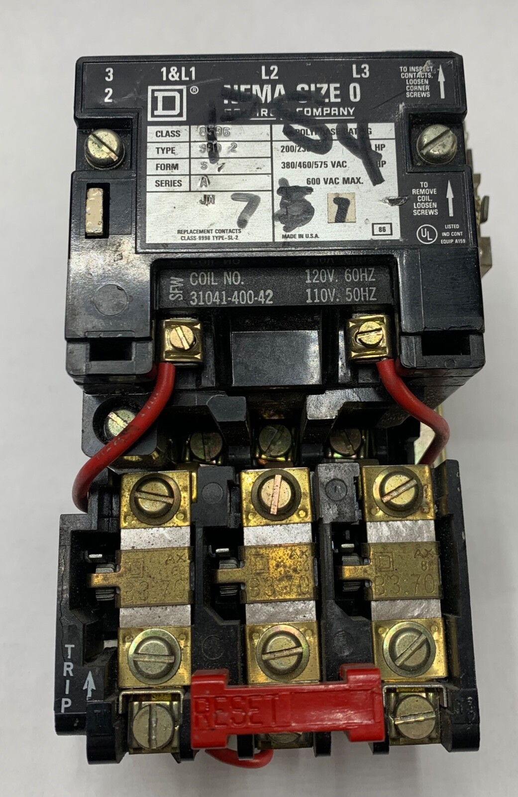 Square D 8536 SBG-2 Size 0 Ser A Motor Starter w/ 120 Volt Coil (101923 ...