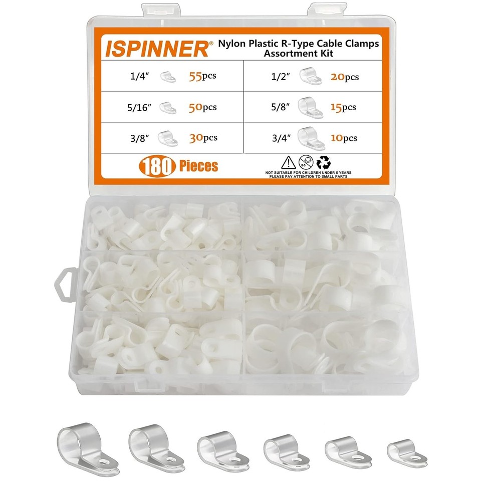180Pcs Nylon Cable Clamps Assortment Kit 6 Sizes R-Type Clips with ...