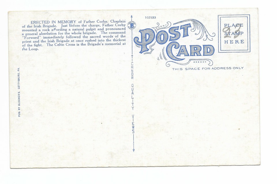 Gettysburg PA Pennsylvania Postcard Irish Brigade Monument Father Corby ...