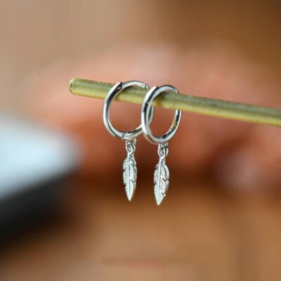 Dainty Feather Earrings 925 Sterling Silver Women Small Hoop Minimalist ...