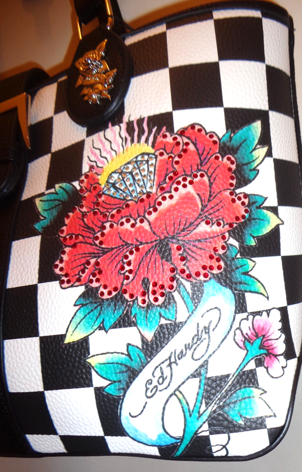 NWT ED Hardy Tote Bag Logo Tiger Rhinestone Rose Floral Print Shoulder ...