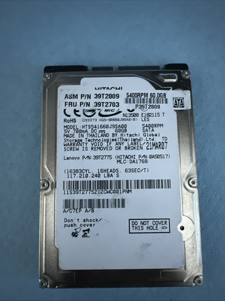 Hitachi 60GB HDD 5400RPM SATA 5v .7a HTS541660J9SA00 , 0A50517 | eBay