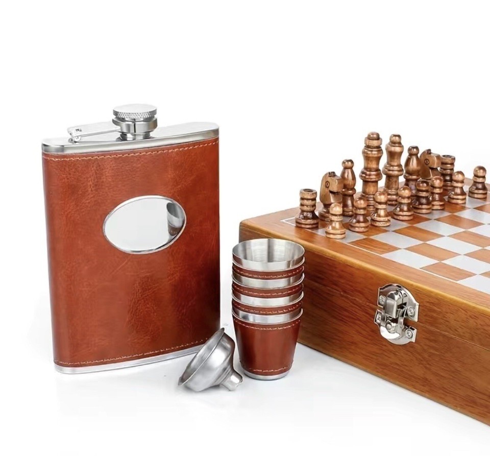 Brown Wooden Chess and Leather Stainless Steel Hip Flask Set W/ Funnel ...